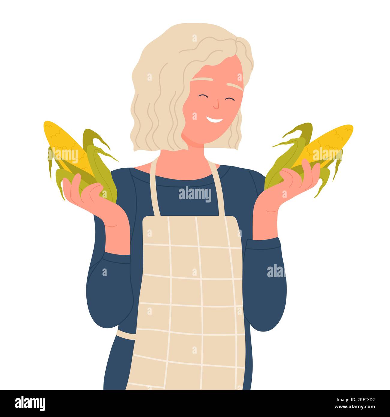 Happy cooking woman with corn. Culinary day, food preparing vector ...