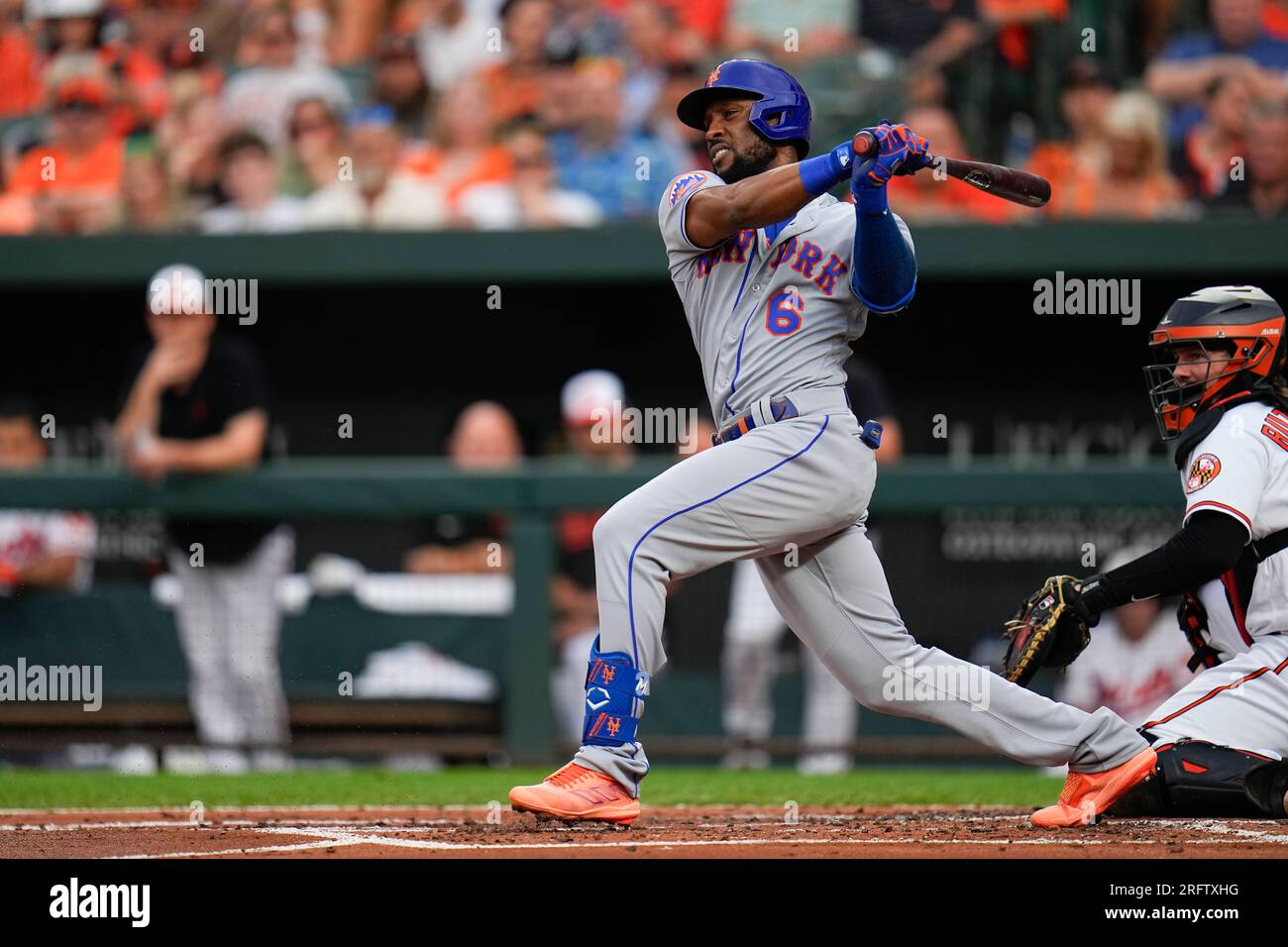 New York Mets' Starling Marte follows through on a swing against the ...