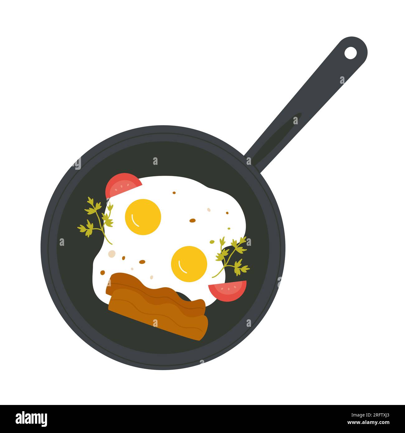 Pan with fried eggs and bacon. Healthy breakfast, lunch meal vector ...