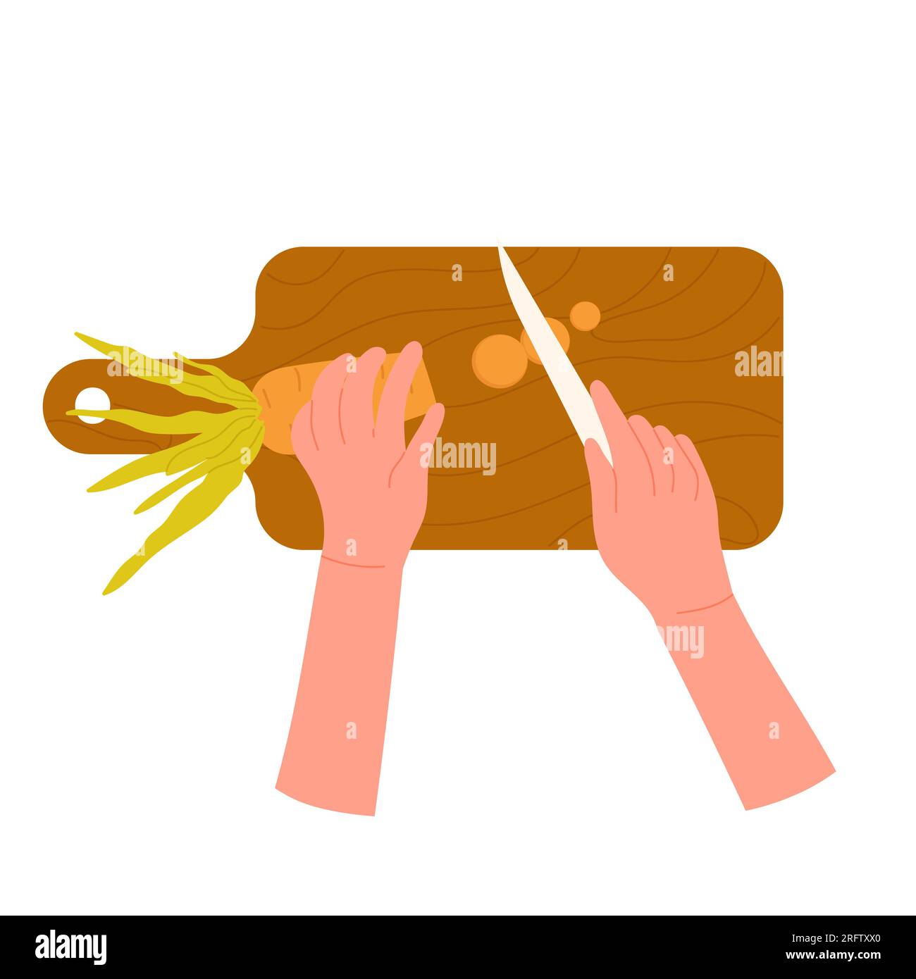 Hands cutting carrot on board. Slicing vegetable on chopping board ...