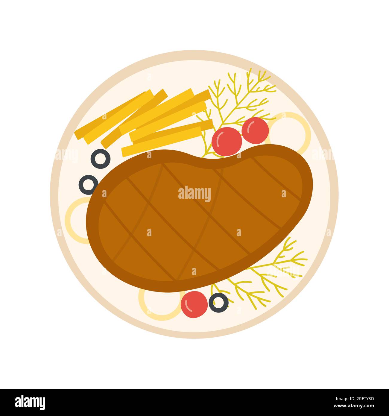 Steak menu on plate. Tasty dinner dish, meat with potatoes, cooked ...