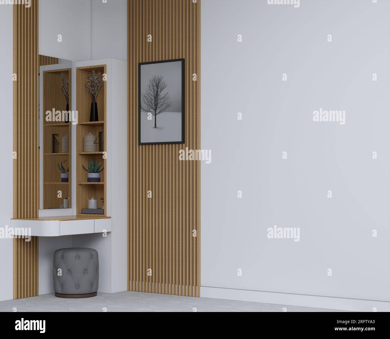 dressing table set with wooden wall panel and cabinet, stylish minimal ...