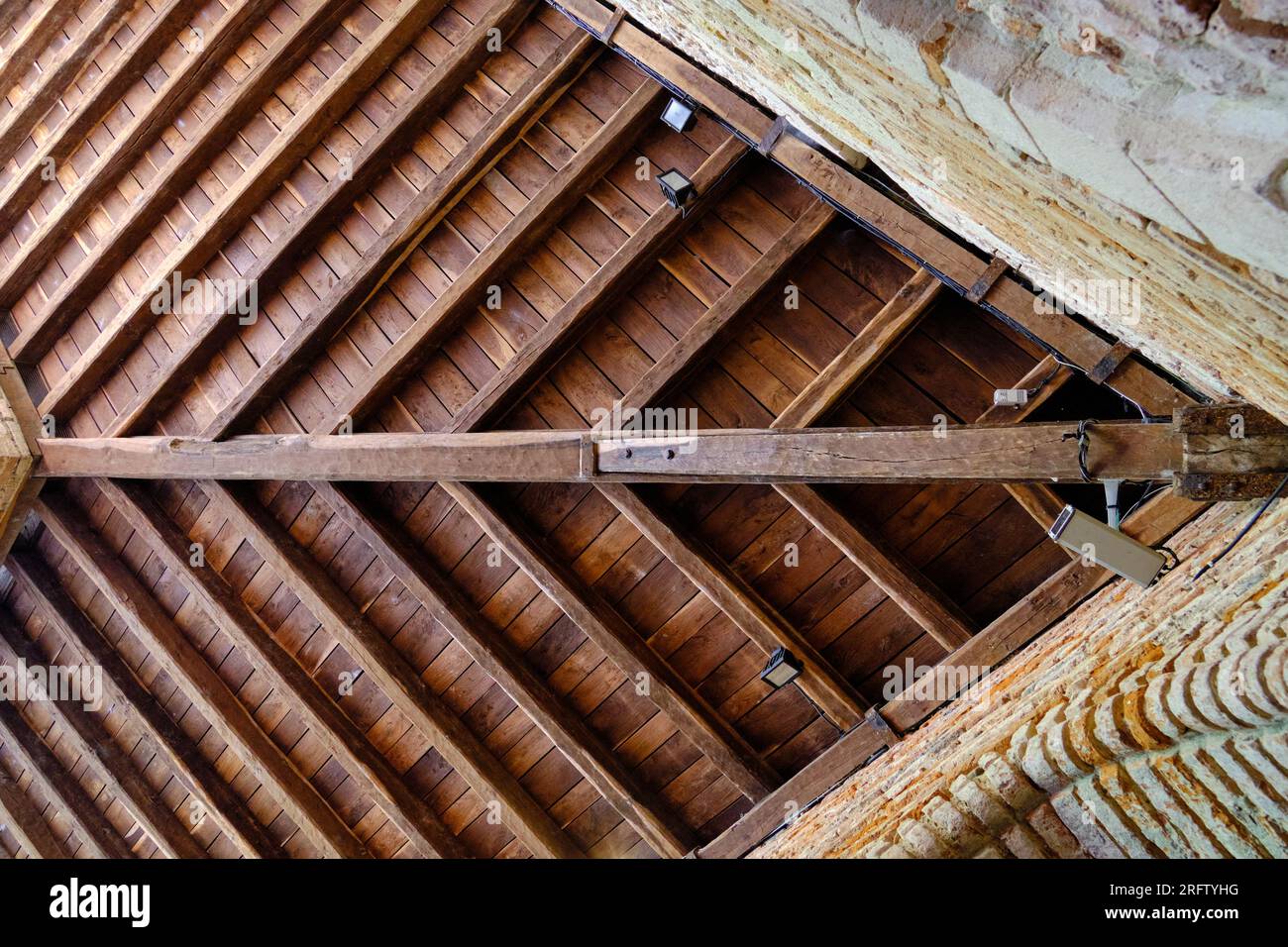 triangular shape view of wooden roof ceiling in french abbaye Stock ...