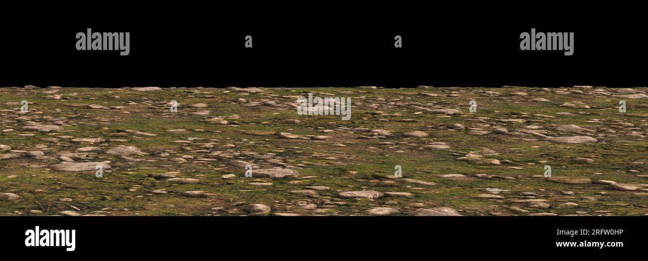 3d illustration of moss covered gravel ground texture, ground material ...