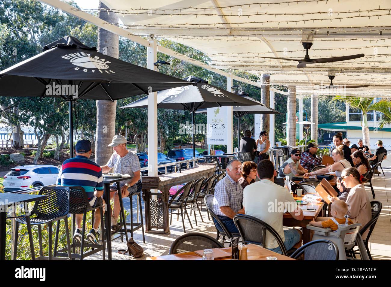 Hervey Bay Queensland, people enjoy breakfast meal and coffee at a ...