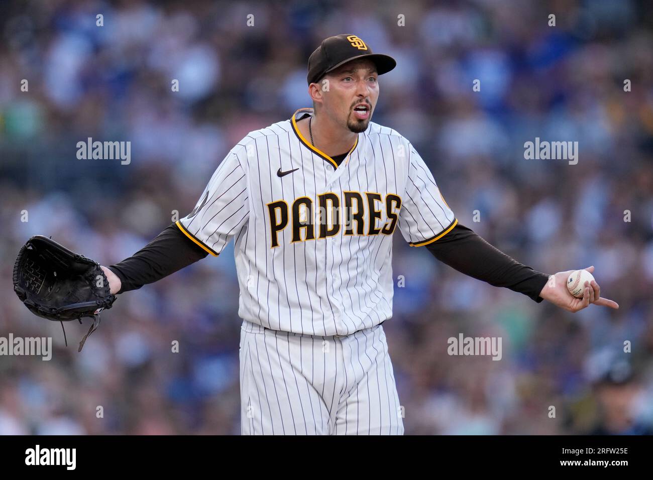 San Diego Padres starting pitcher Blake Snell reacts after being called ...