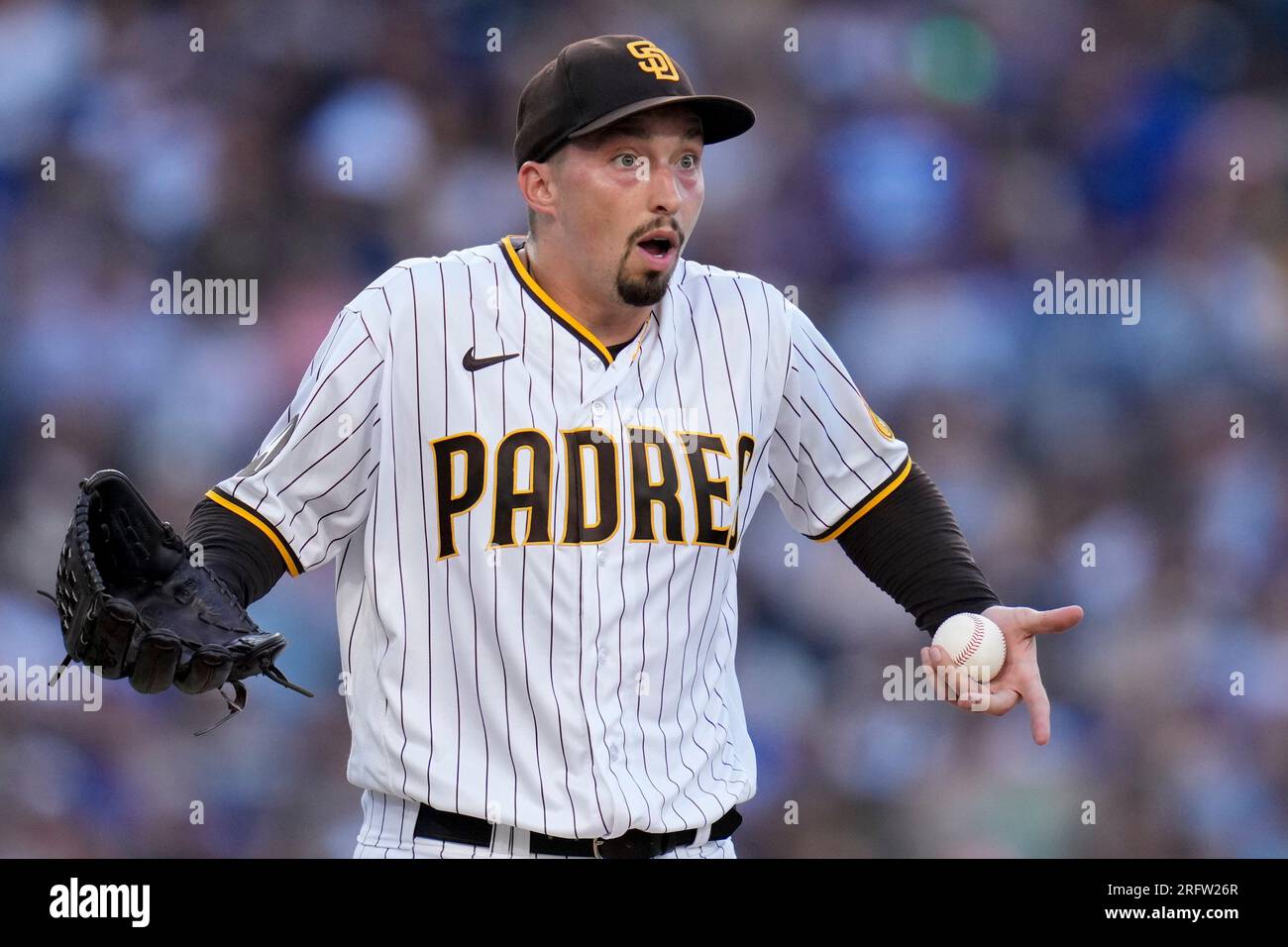 San Diego Padres starting pitcher Blake Snell reacts after being called ...