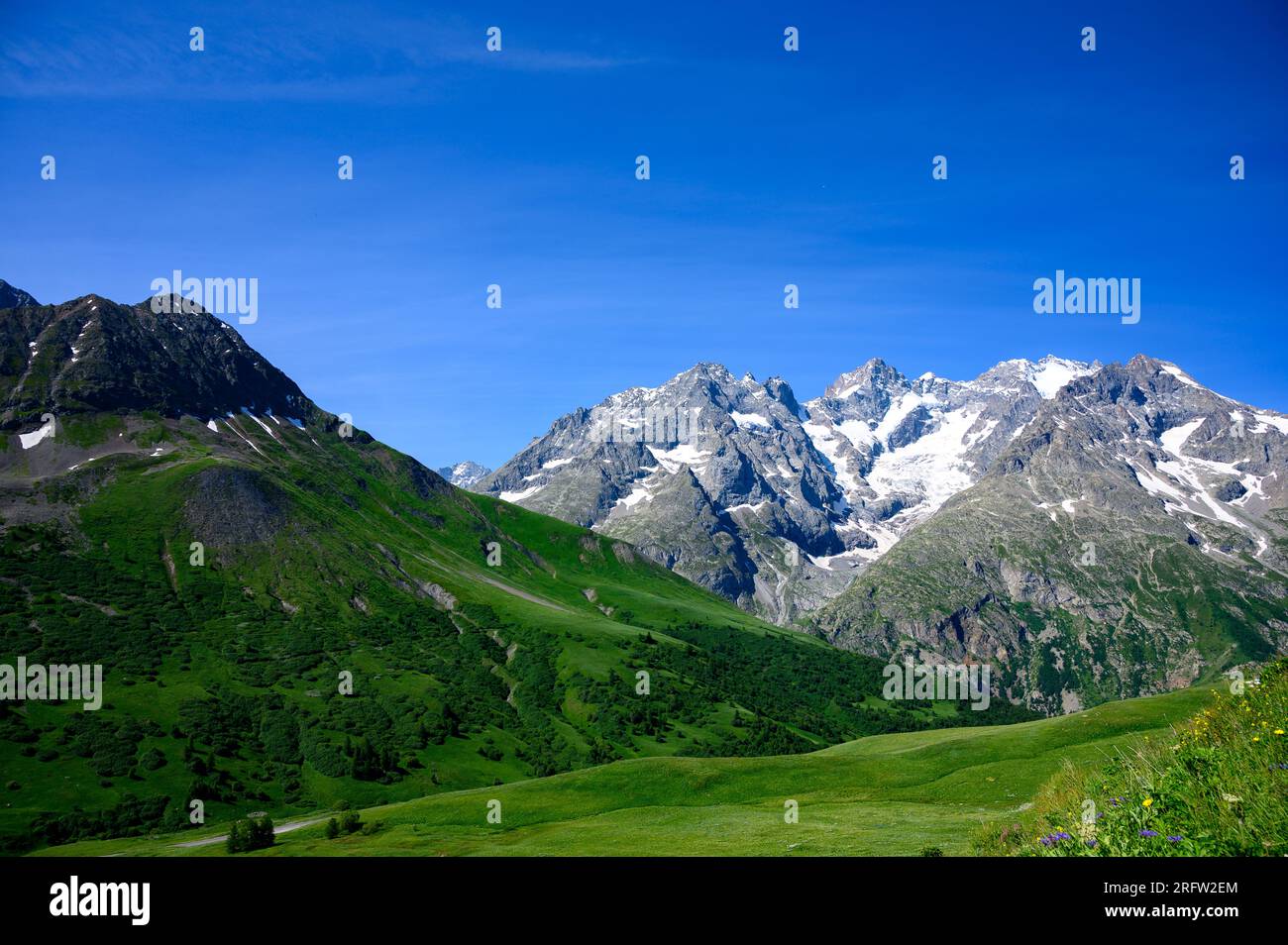 Mountains and green alpine meadows views near Col du Lautaret, Massif ...
