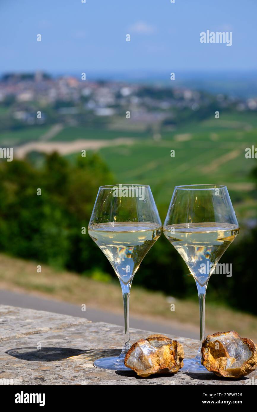 Glasses of white wine from vineyards of Sancerre Chavignol appelation ...