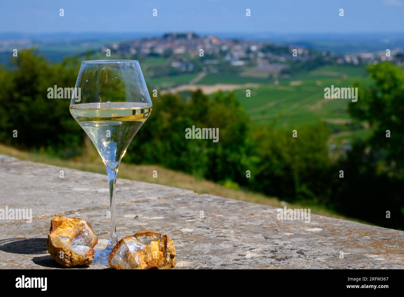 Glasses of white wine from vineyards of Sancerre Chavignol appelation ...