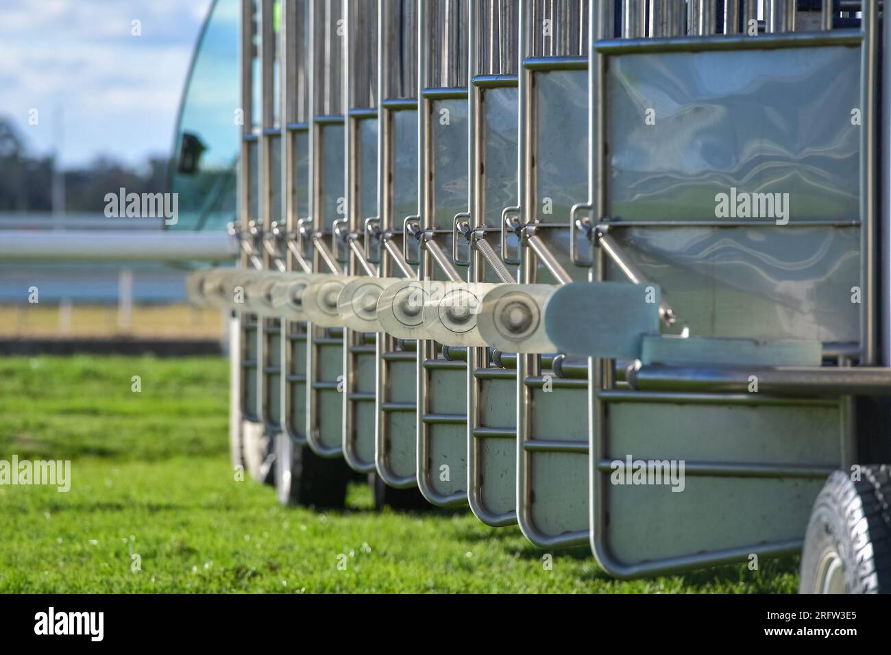 Start gates for horse races, horse racing barriers, shallow depth of ...
