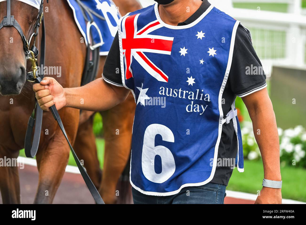 Close up of a strapper wearing an Australia Day vest during the horse ...