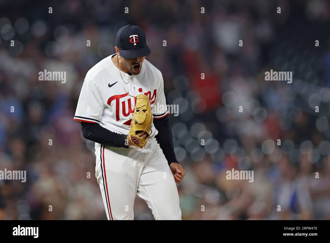 Minnesota Twins pitcher Jovani Moran reacts after striking out Arizona ...