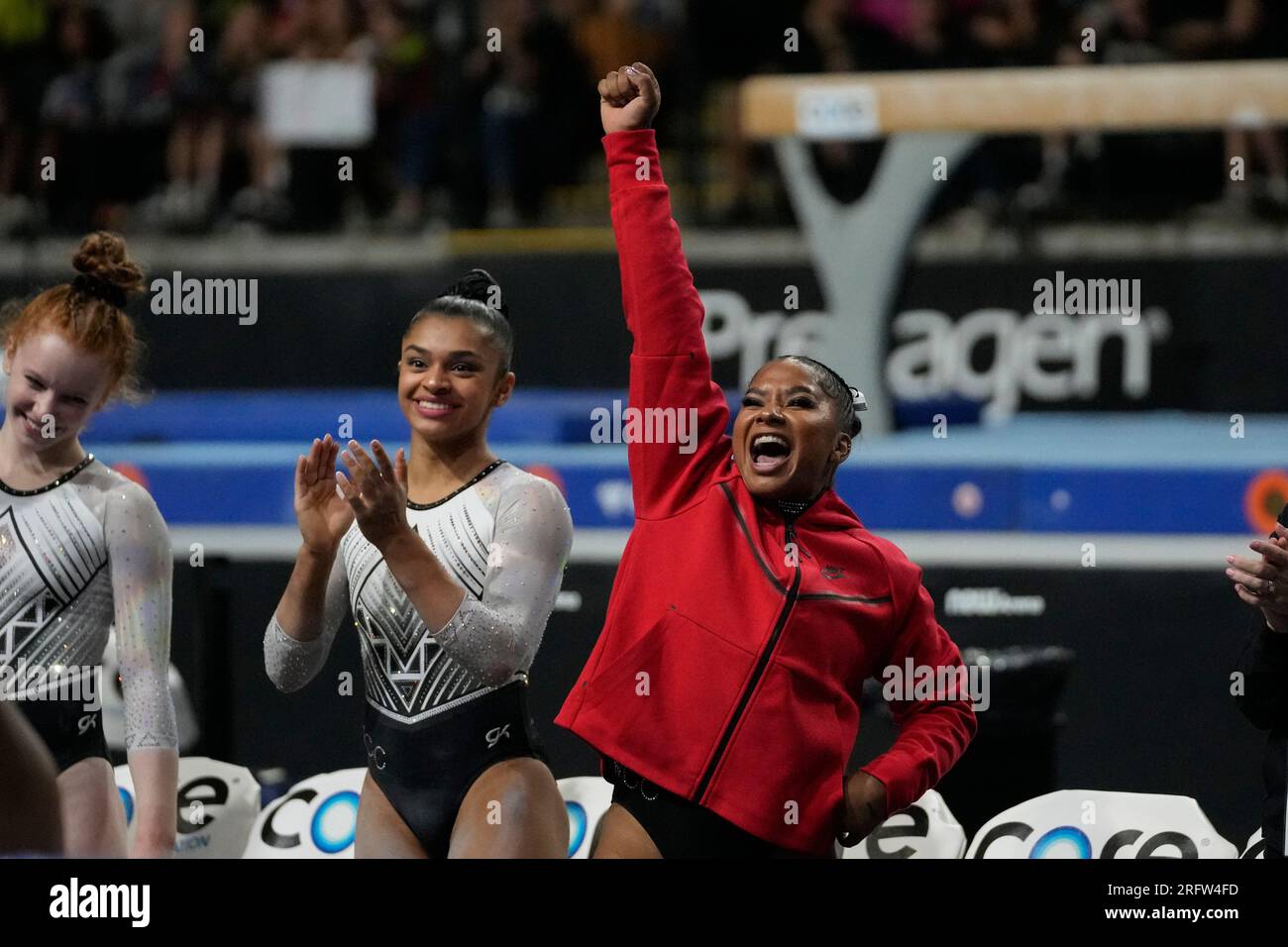 Jordan Chiles, right, and Tiana Sumanasekera react after Simone Biles ...