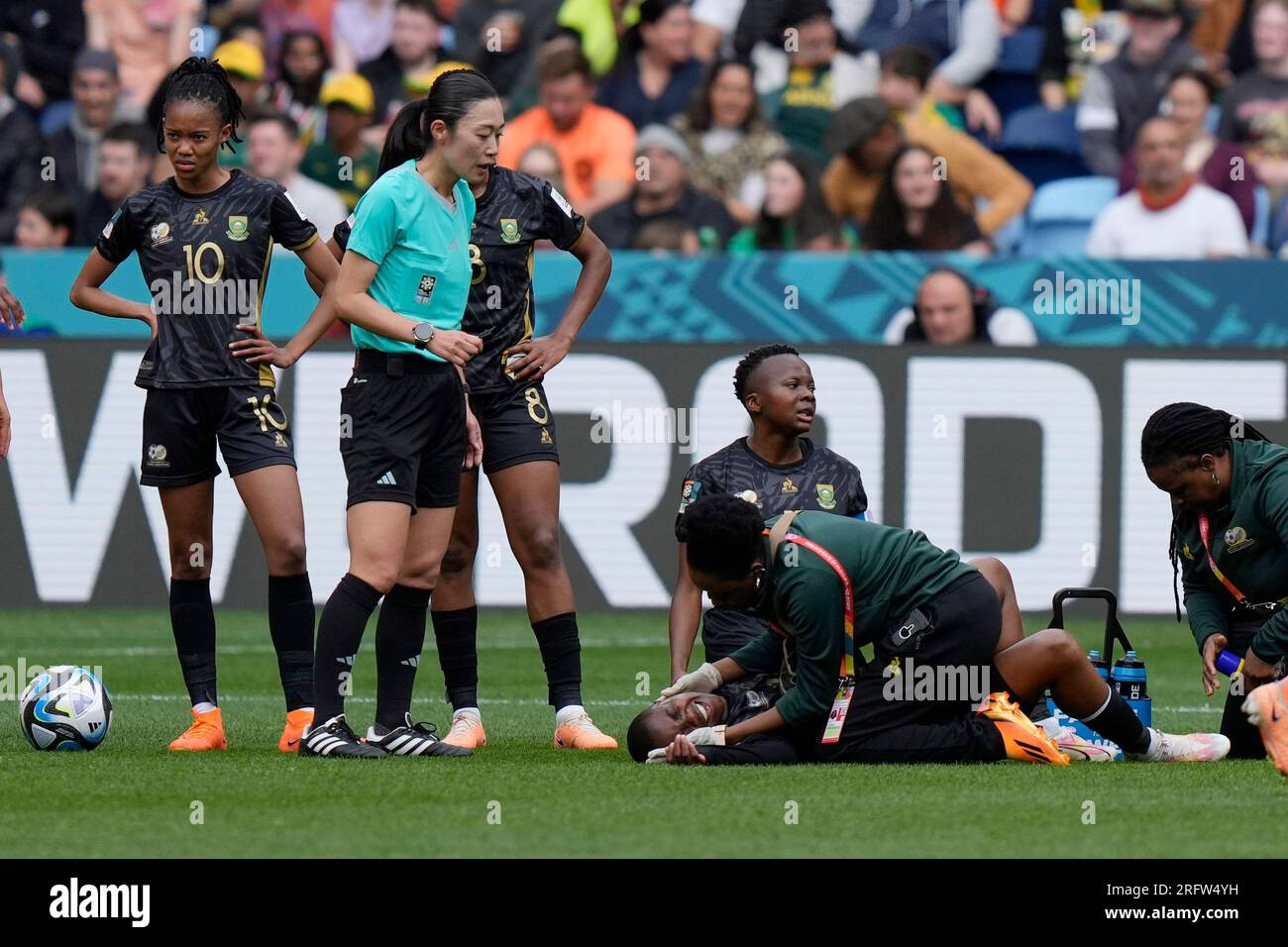 South Africa's Bambanani Mbane is tended to after she was injured ...