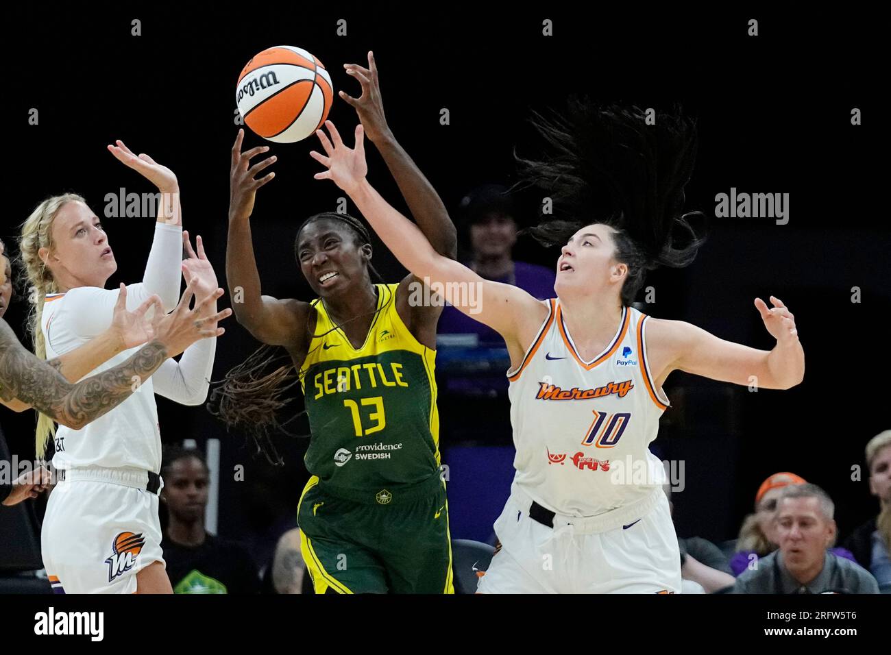 Phoenix Mercury center Megan Gustafson (10) and Mercury guard Sophie ...