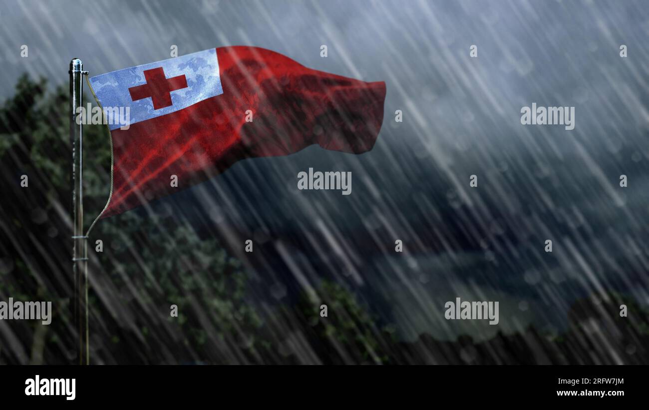 flag of Tonga with rain and dark clouds, tempest forecast symbol ...