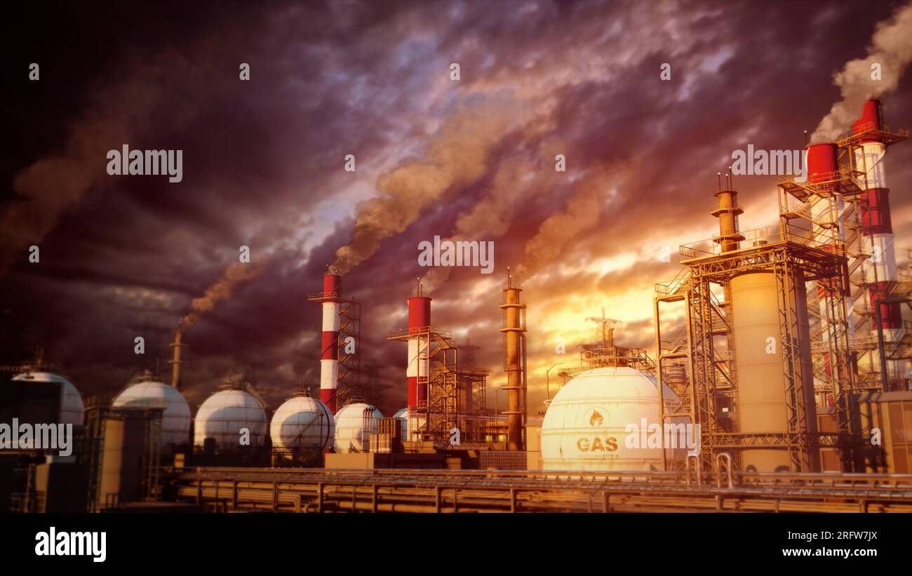 flammable natural gas thermal powerhouse with storages at sunset ...