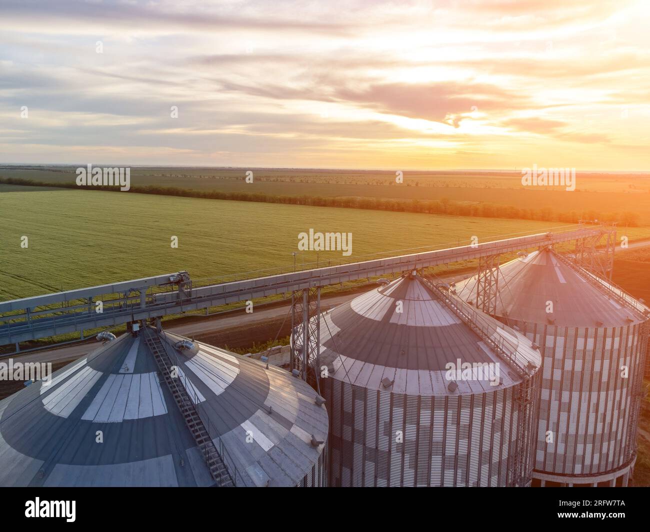 Grain silos on a green field background with warm sunset light. Grain ...