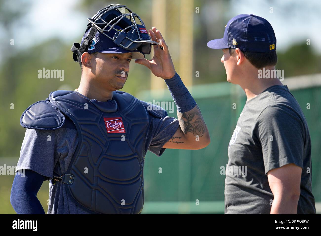 Tampa Bay Rays catcher Christian Bethancourt, left, talks with pitcher ...