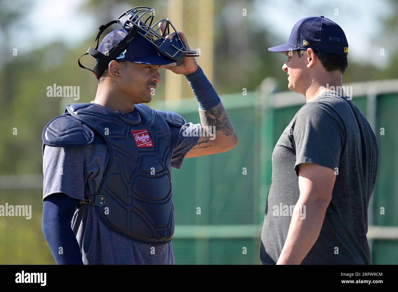 Tampa Bay Rays catcher Christian Bethancourt, left, talks with pitcher ...