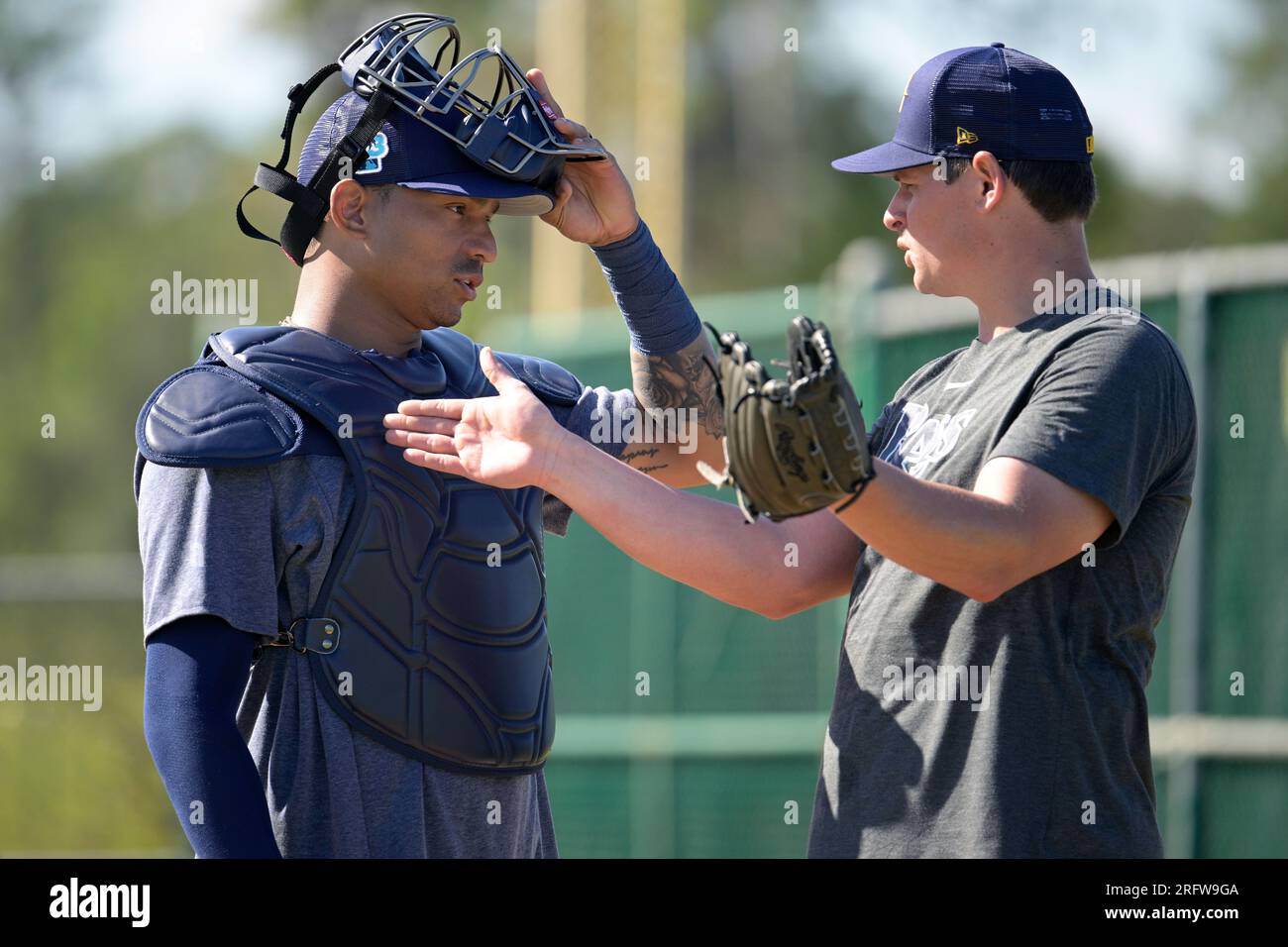Tampa Bay Rays catcher Christian Bethancourt, left, talks with pitcher ...