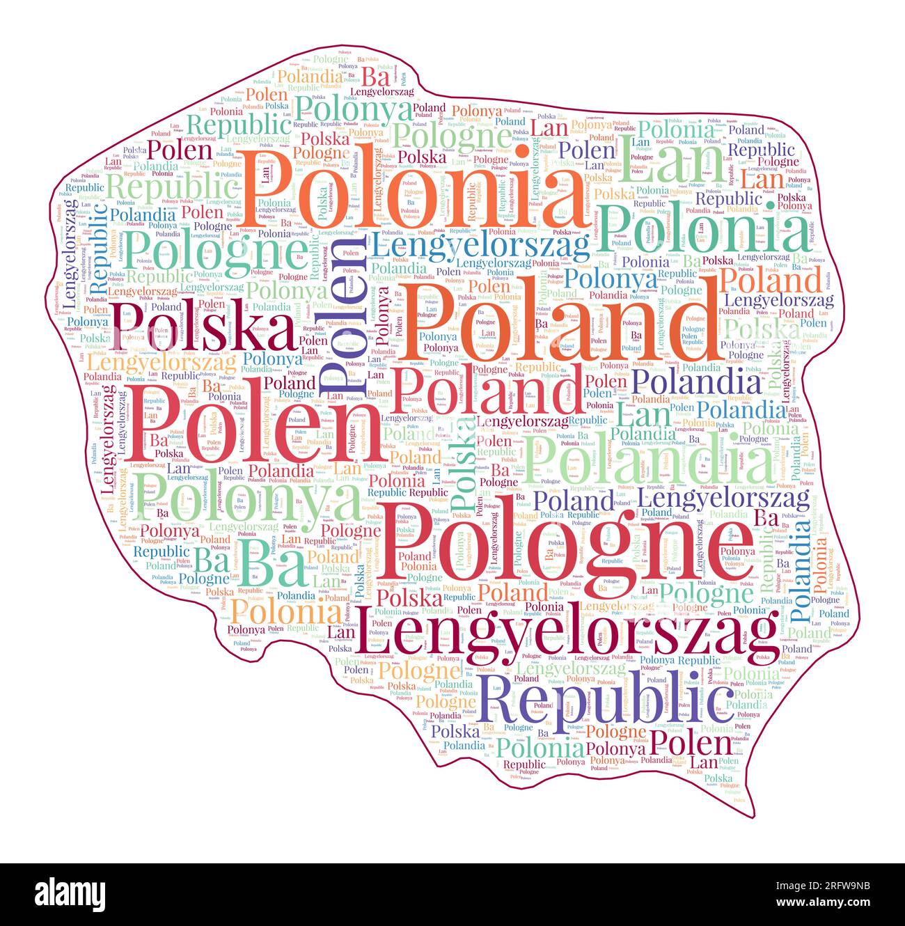 Poland shape filled with country name in many languages. Poland map in ...