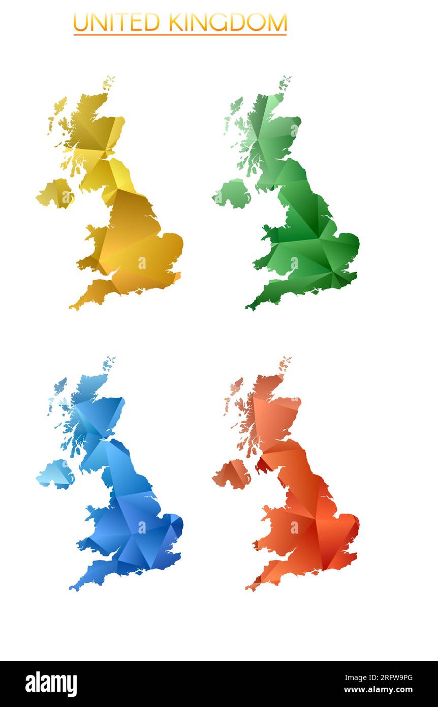 Set of vector polygonal maps of United Kingdom. Bright gradient map of ...
