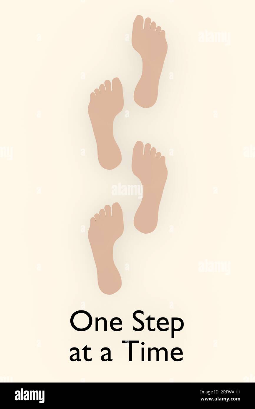 3D illustration of footprints; titled as One Step at a Time Stock Photo ...
