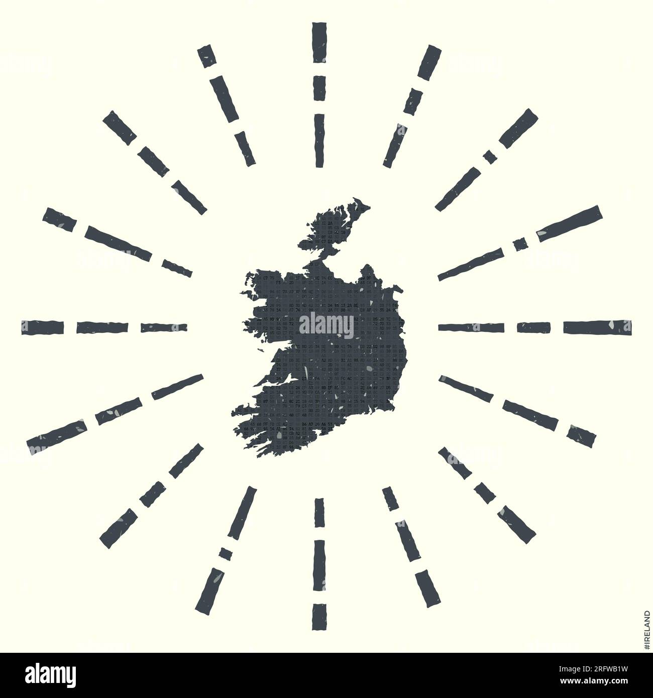 Grunge sunburst poster with map of Ireland. Shape of Ireland filled ...