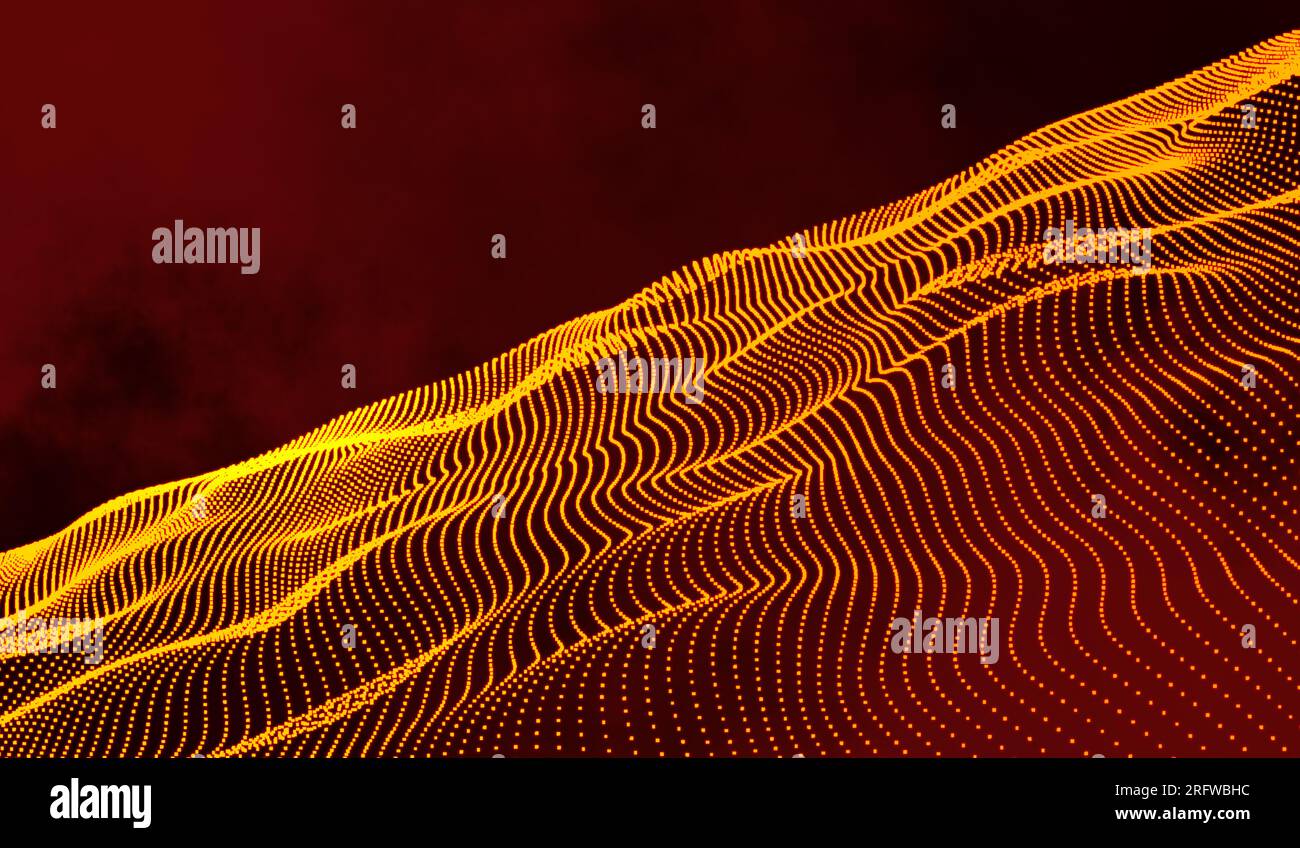 3D abstract digital technology yellow-orange light particles on red ...