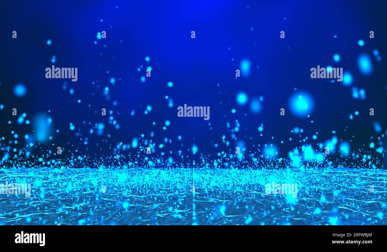 Digital technology abstract 3d blue light particles raining hits water ...