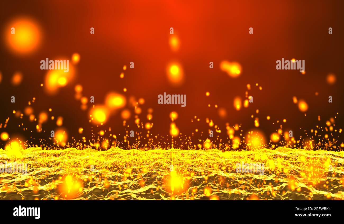 Digital technology abstract 3d orange-yellow light particles raining ...