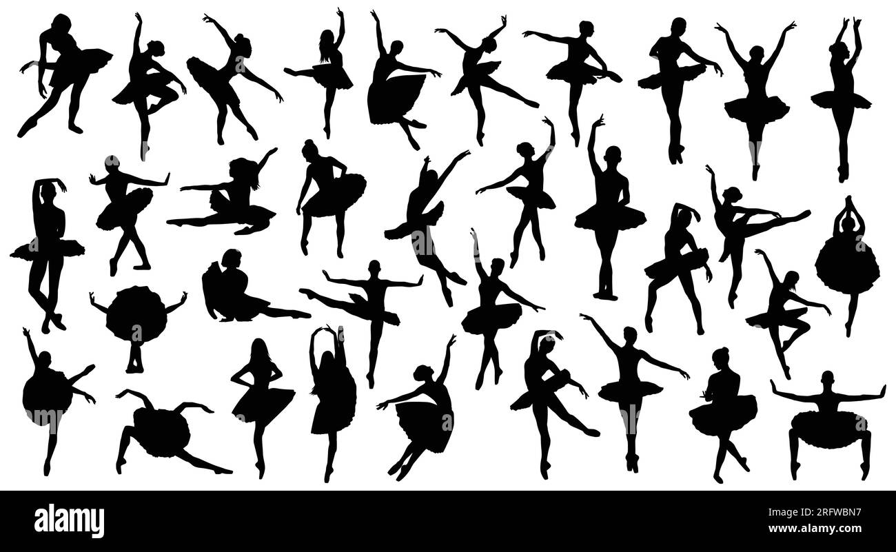 Set Ballerina woman silhouettes vector illustration black and white ...