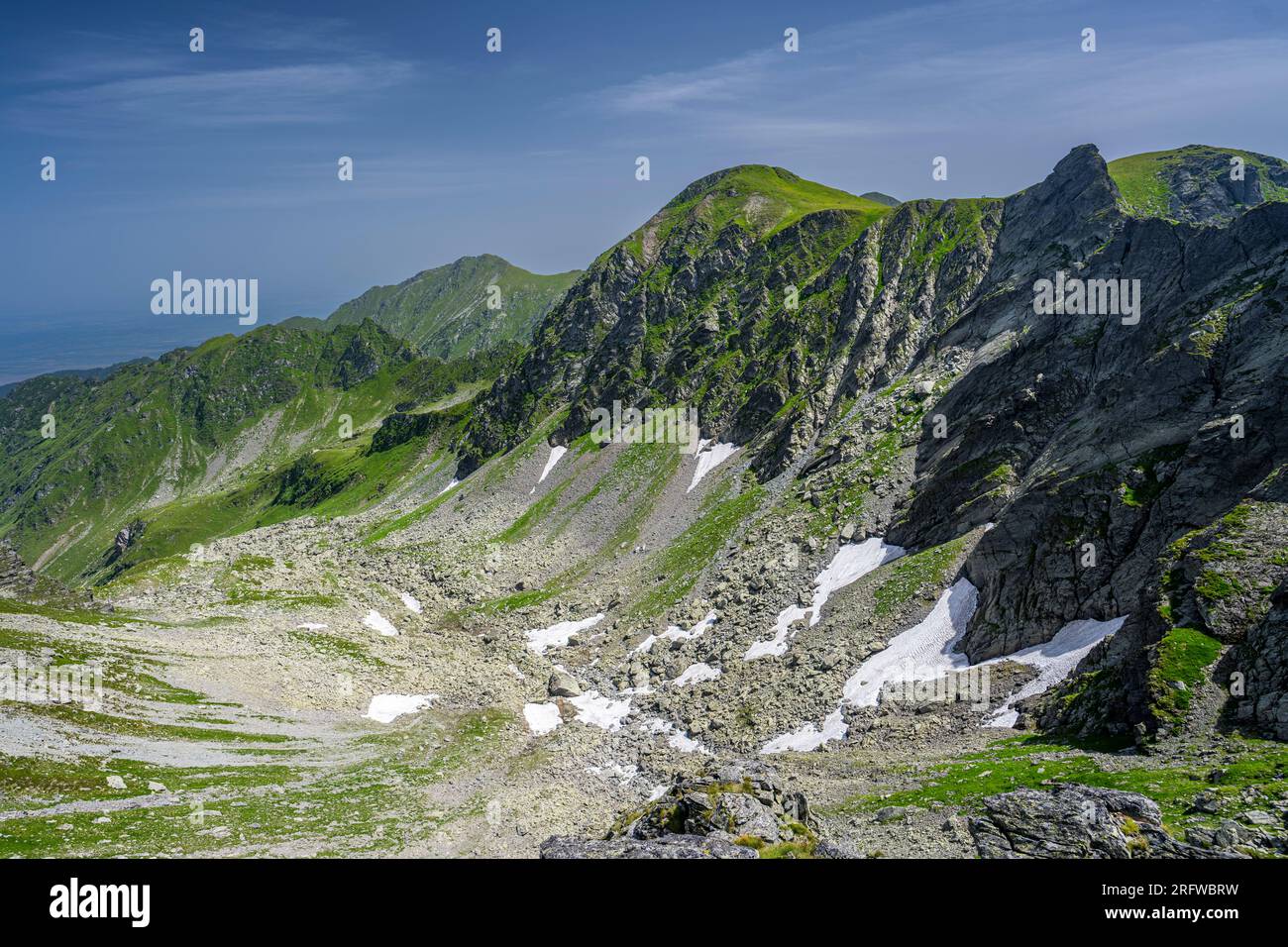 Summer landscape of the Fagaras Mountains. View from the hiking trail ...