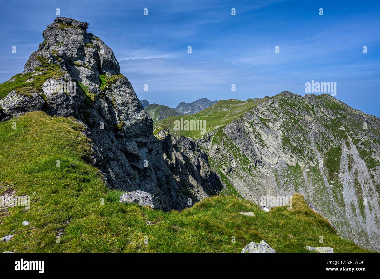Summer landscape of the Fagaras Mountains. View from the hiking trail ...