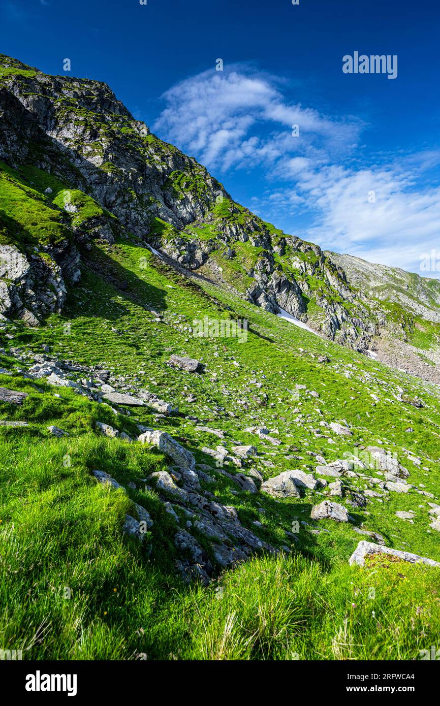 Summer landscape of the Fagaras Mountains. View from the hiking trail ...