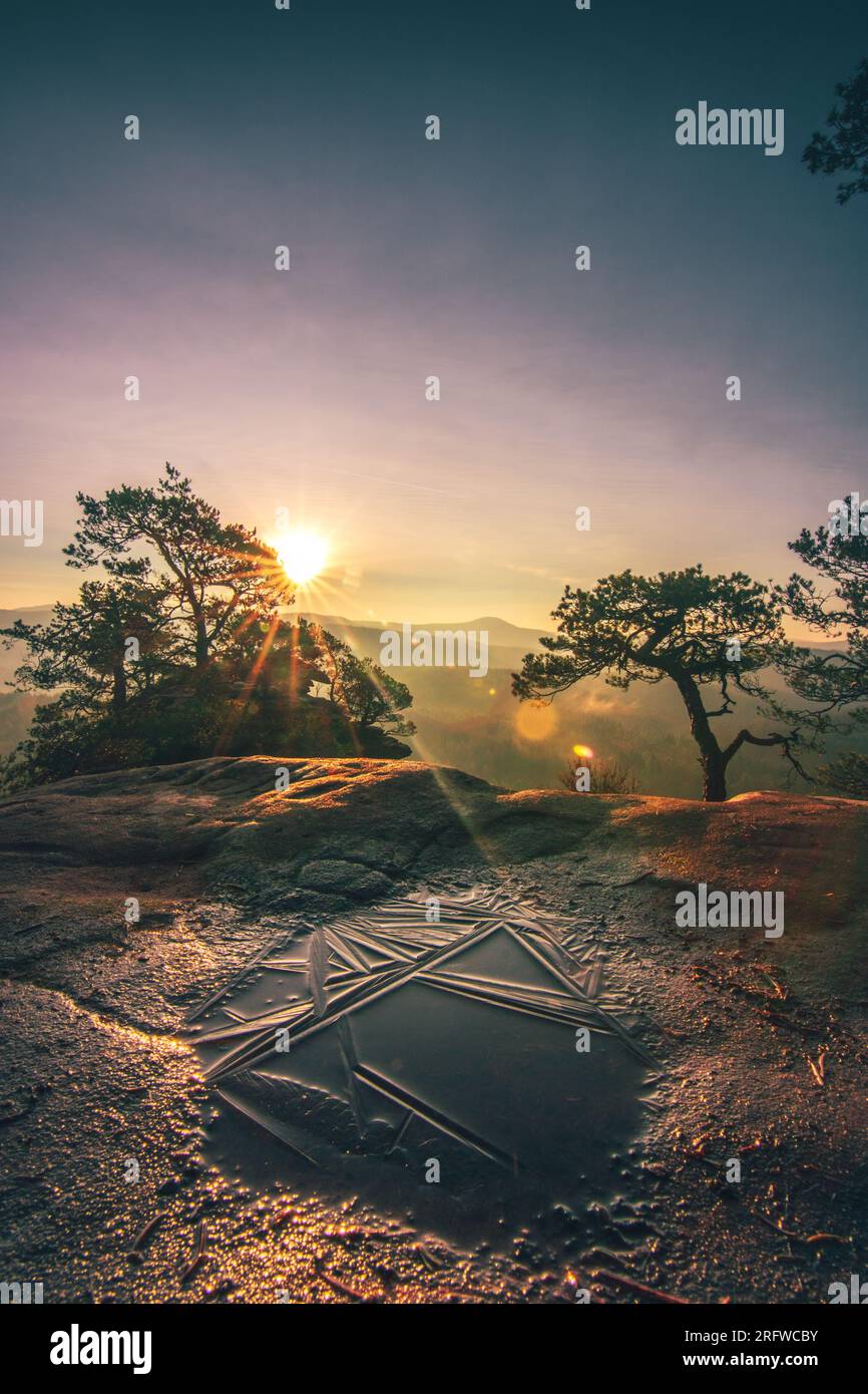 The great view of sandstone cliffs in the Palatinate Forest at sunrise ...