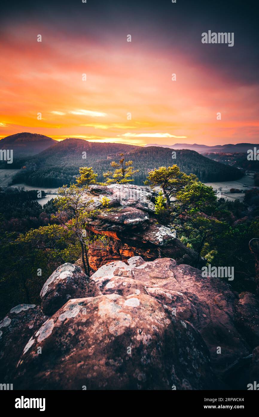 The great view of sandstone cliffs in the Palatinate Forest at sunrise ...