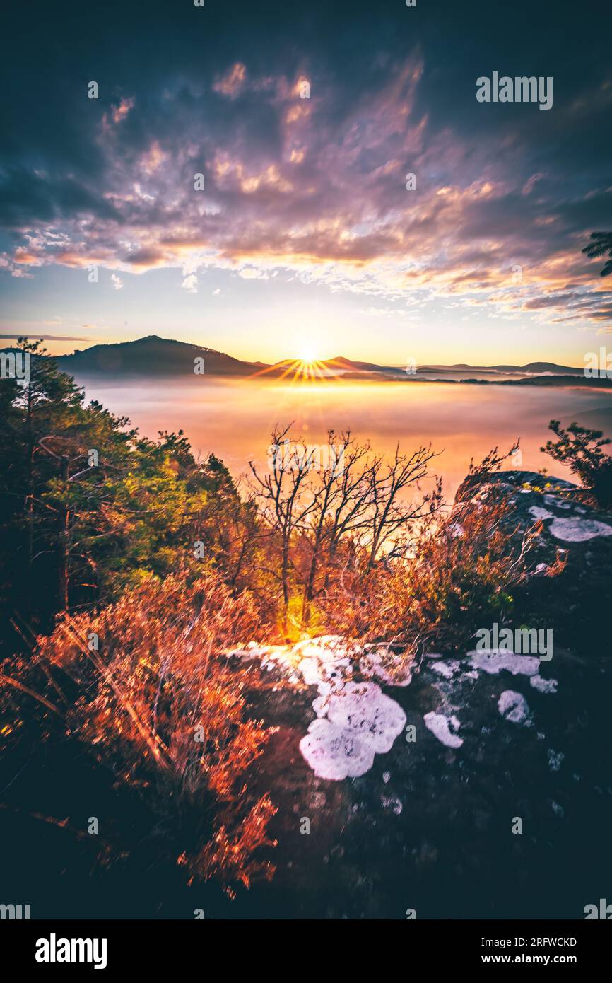 The great view of sandstone cliffs in the Palatinate Forest at sunrise ...