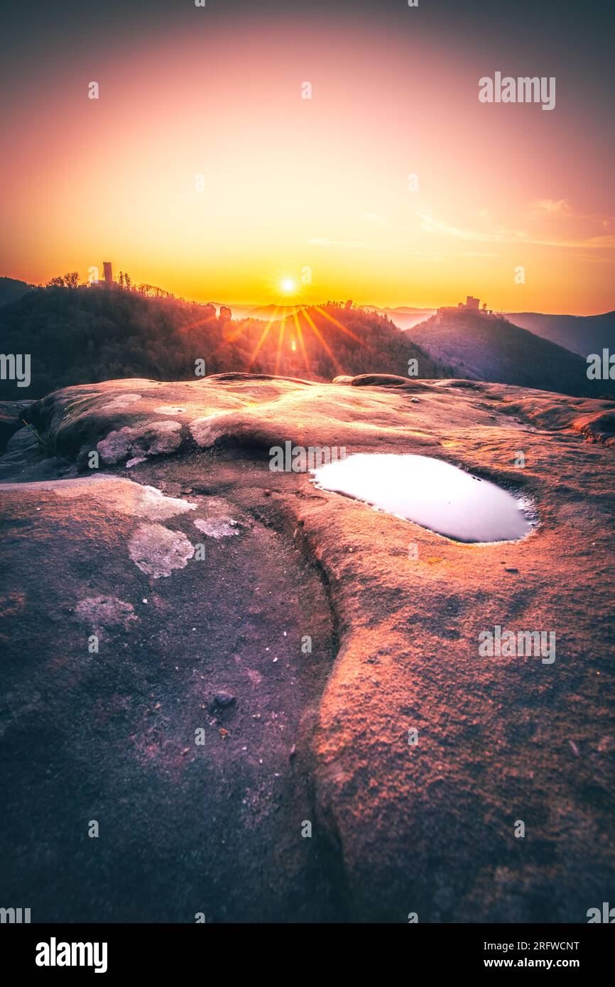 The great view of sandstone cliffs in the Palatinate Forest at sunrise ...