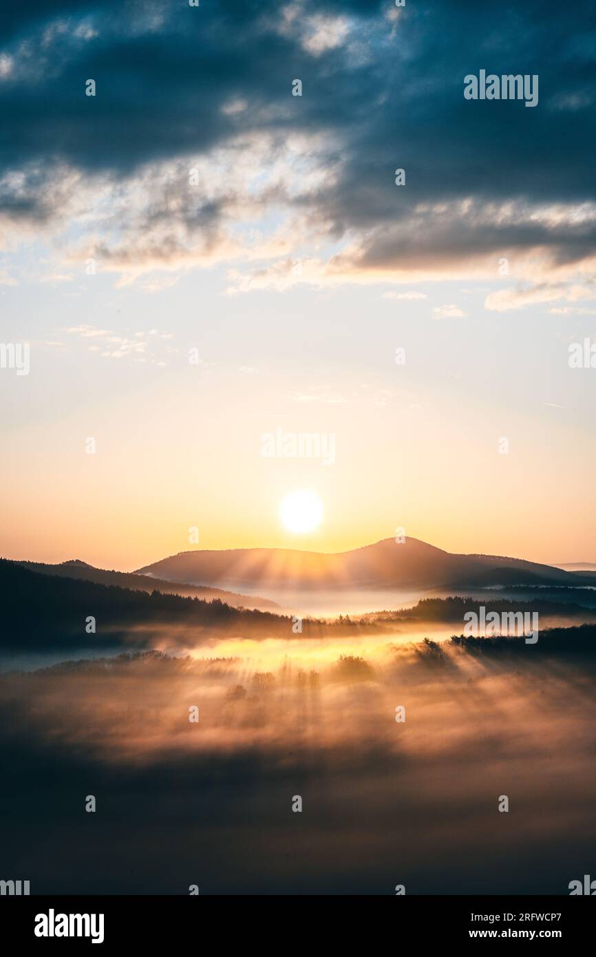 The great view of sandstone cliffs in the Palatinate Forest at sunrise ...