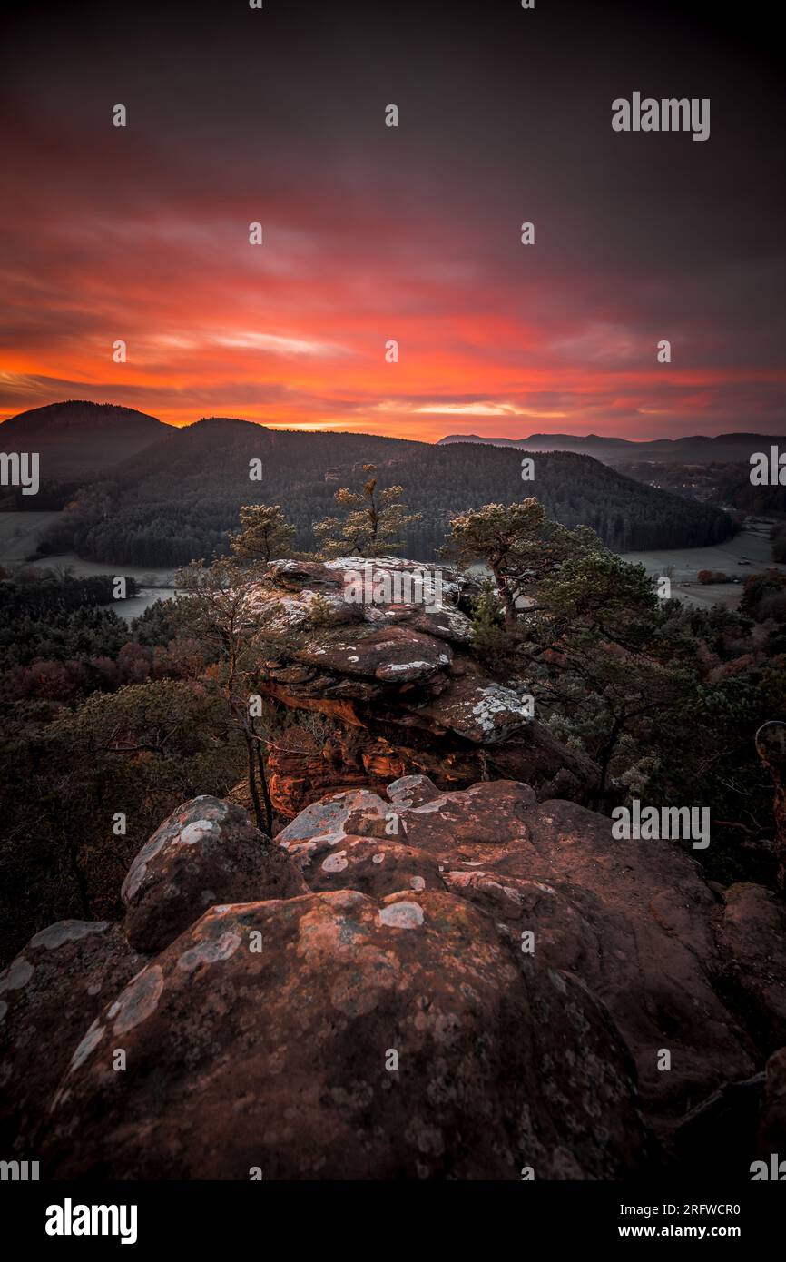 The great view of sandstone cliffs in the Palatinate Forest at sunrise ...