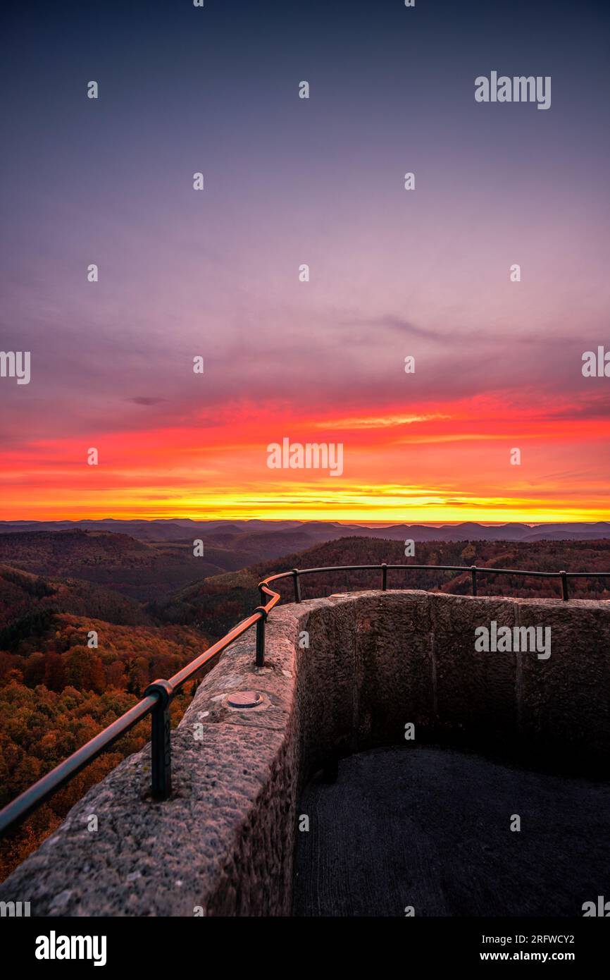 The great view of sandstone cliffs in the Palatinate Forest at sunrise ...