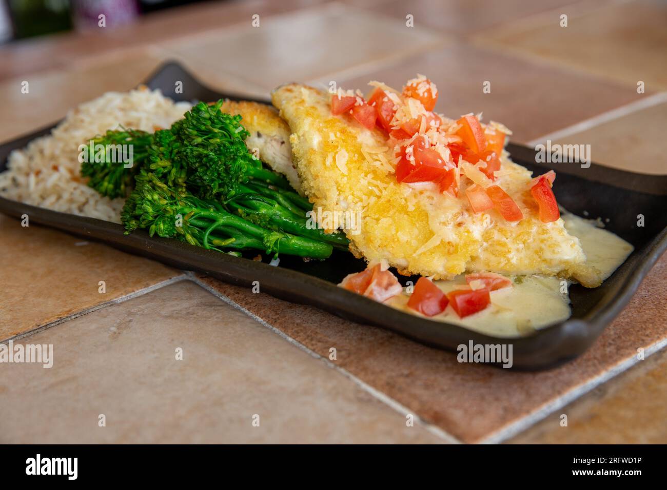 Panko Crusted Chicken with Bluere Blanc Sauce along with Brocollini and ...