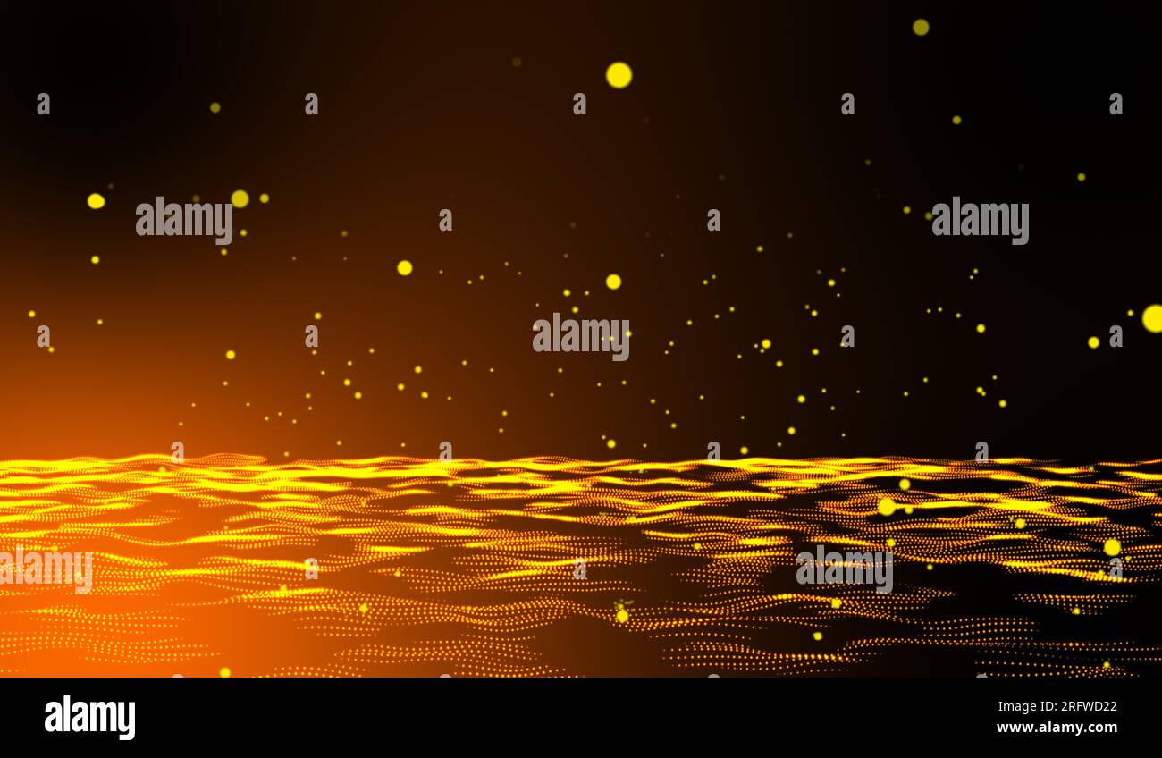 Digital technology abstract 3d orange-yellow light particles raining ...