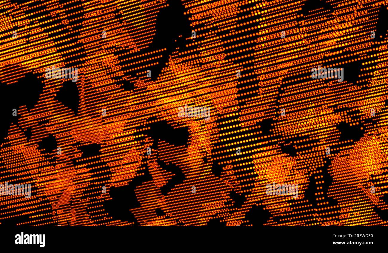 3D abstract digital technology orange particles wave on red background ...