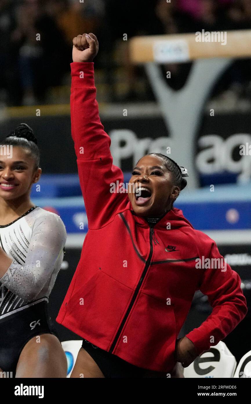 Jordan Chiles, right, and Tiana Sumanasekera react to Simone Biles ...
