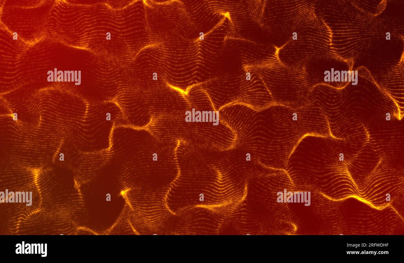 3D abstract digital technology red particles wave on red background ...