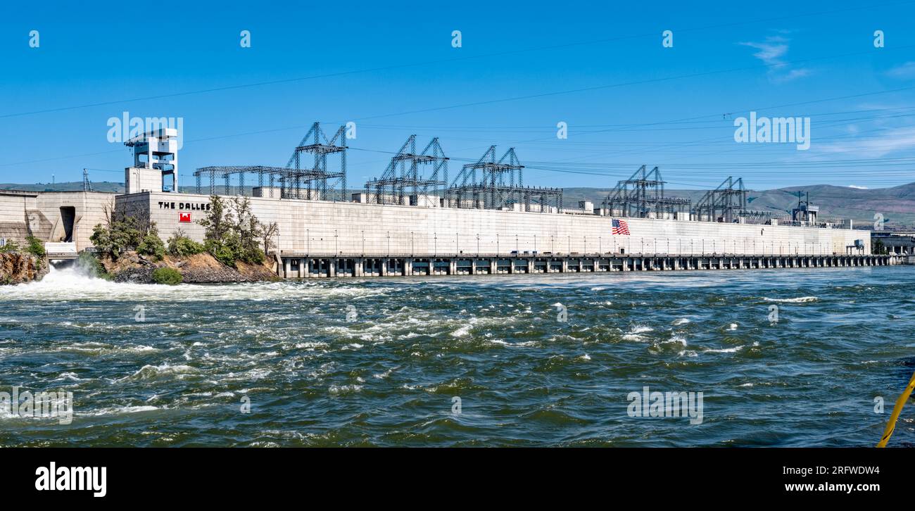 Panorama of the powerhouse of The Dalles Dam on the Columbia River at ...
